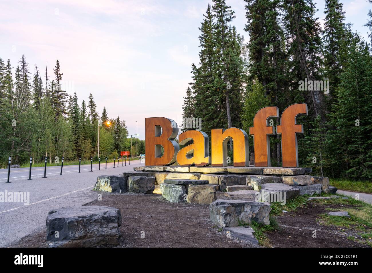 Banff Town Sign in summer evening. Banff National Park, Canadian ...