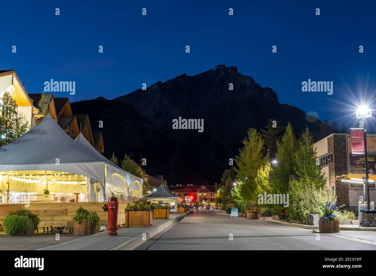 Banff Avenue street view in summer night, during covid-19 pandemic ...