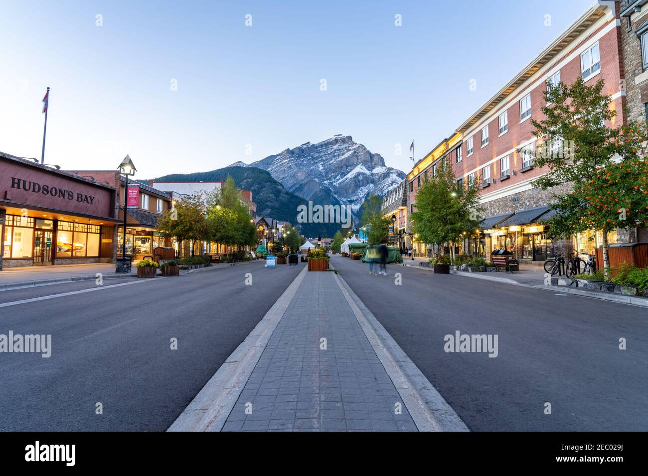 Banff Avenue street view in summer night, during covid-19 pandemic ...