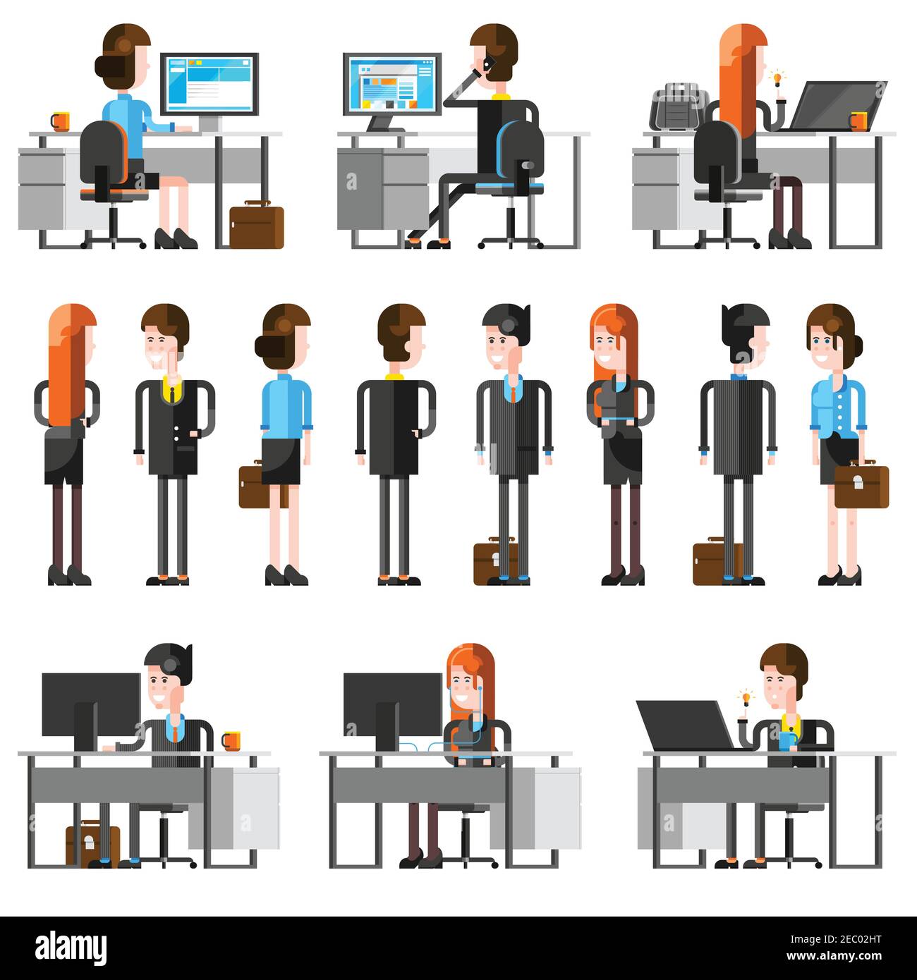 Office people flat cartoon icons set of young employees working at desk ...