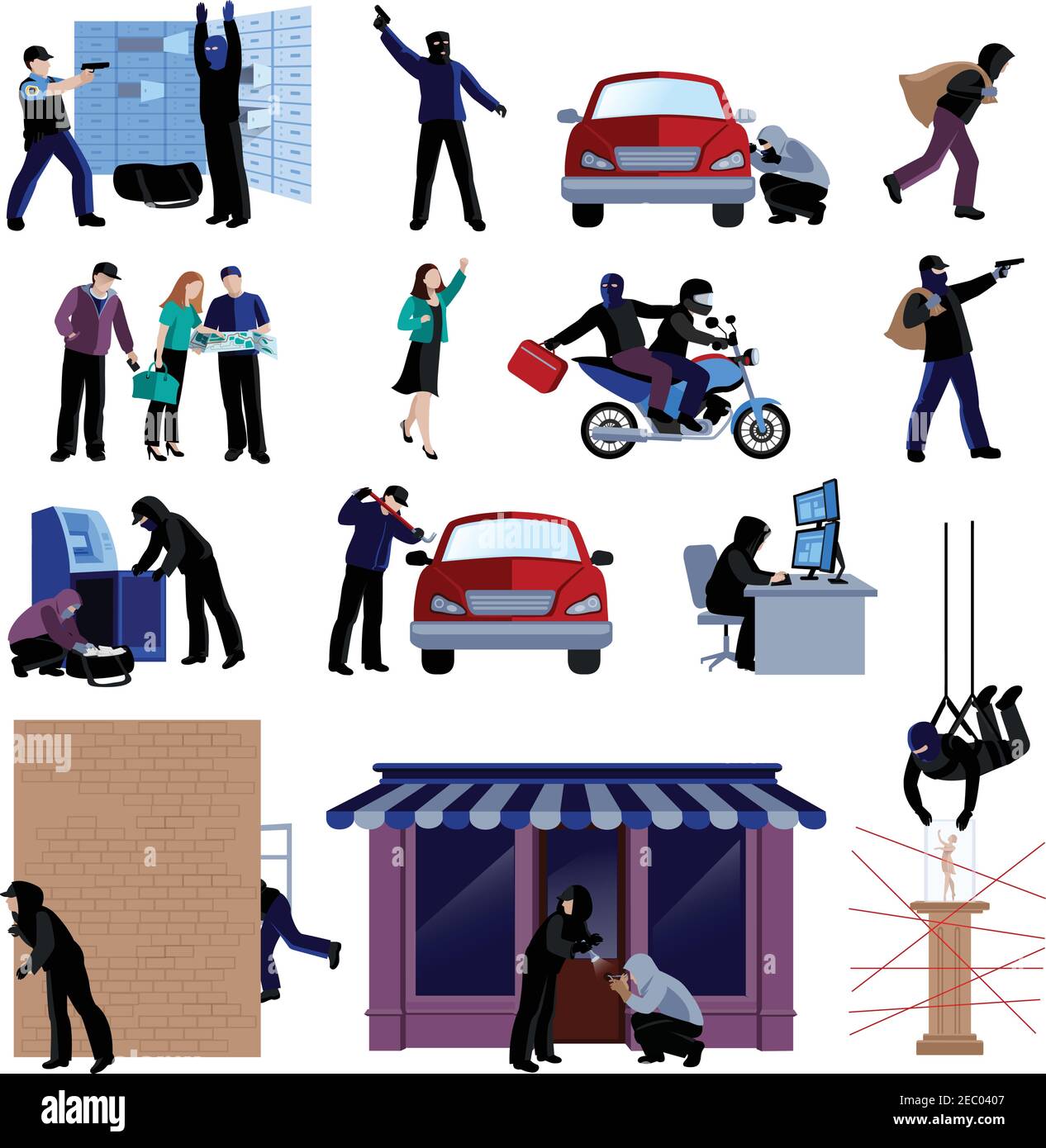 Armed burglars committing crimes flat icons set on white background ...