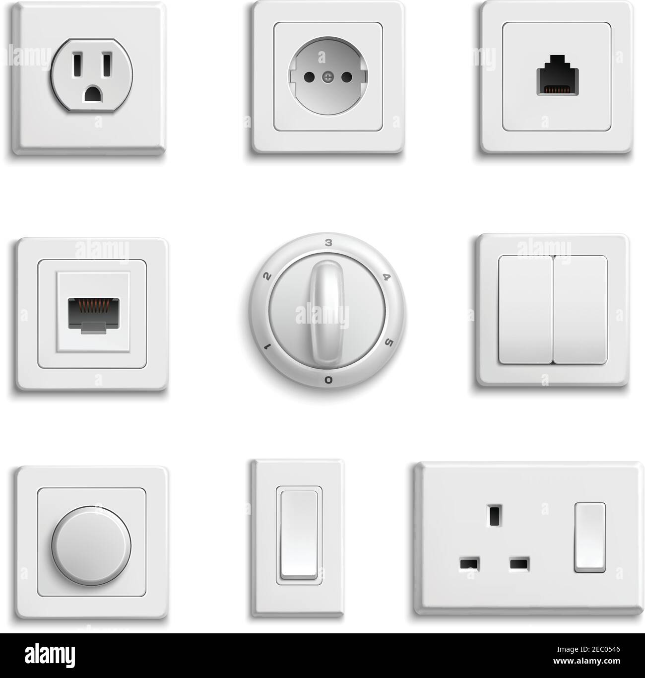 Square rectangular and round white switches and sockets realistic set ...