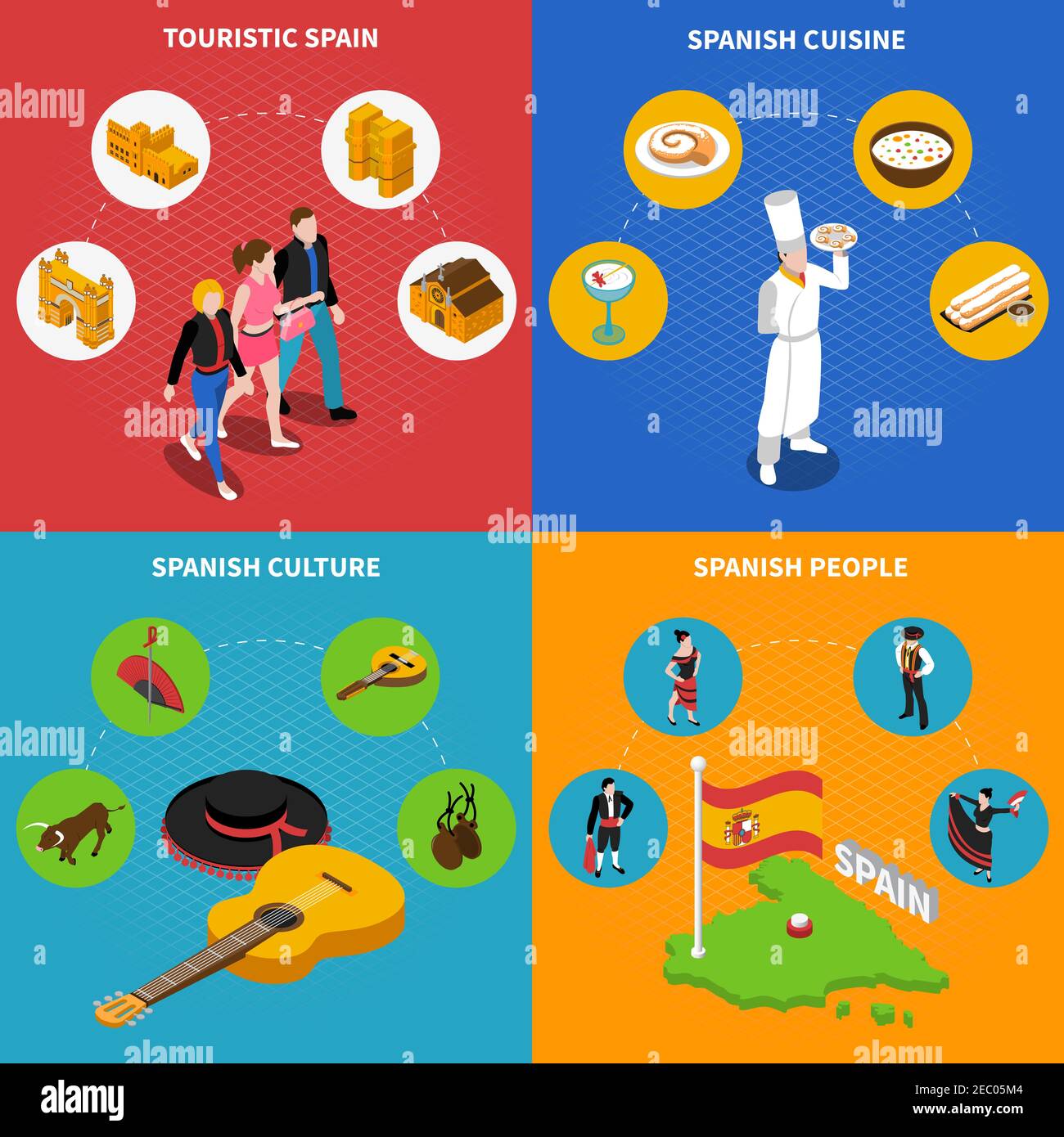 Touristic Spain concept icons set with culture and cuisine symbols ...