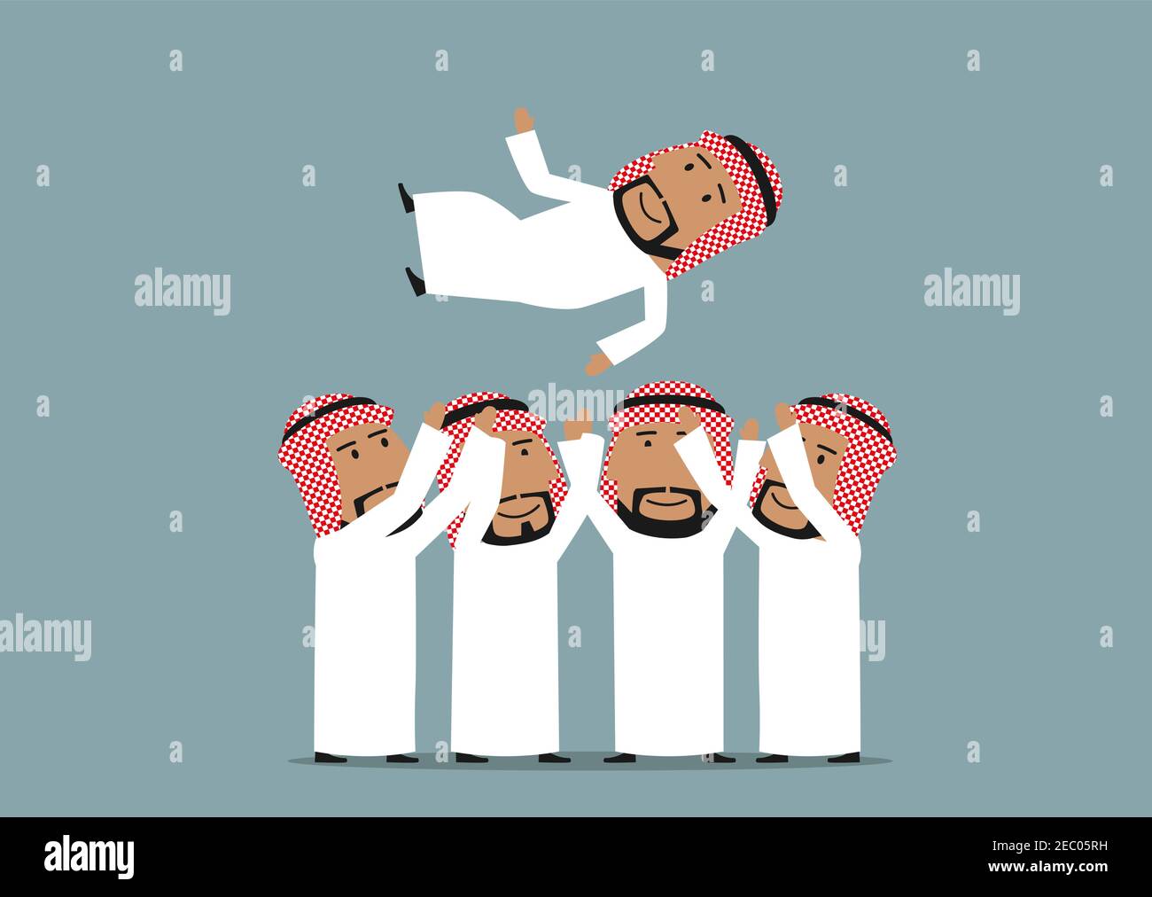 Joyful cartoon arab businessmen throwing the leader of business team up ...