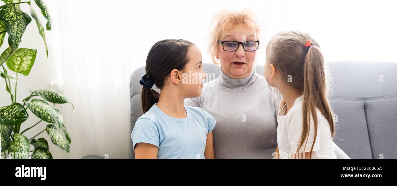 Closeup summer portrait of happy grandmother with grandchildren ...
