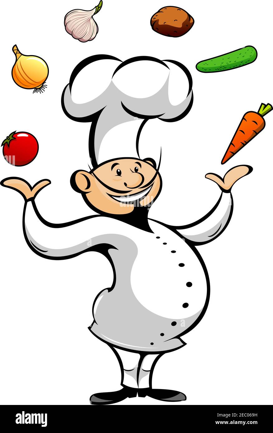 Happy smiling cartoon chef juggling by fresh tomato and onion, carrot ...