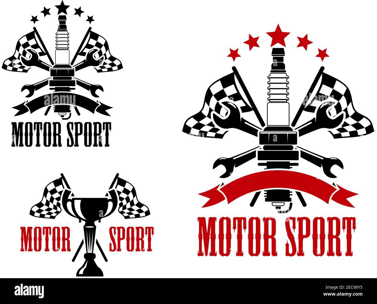 Motor race competition icons with trophy cup and spark plug, with ...