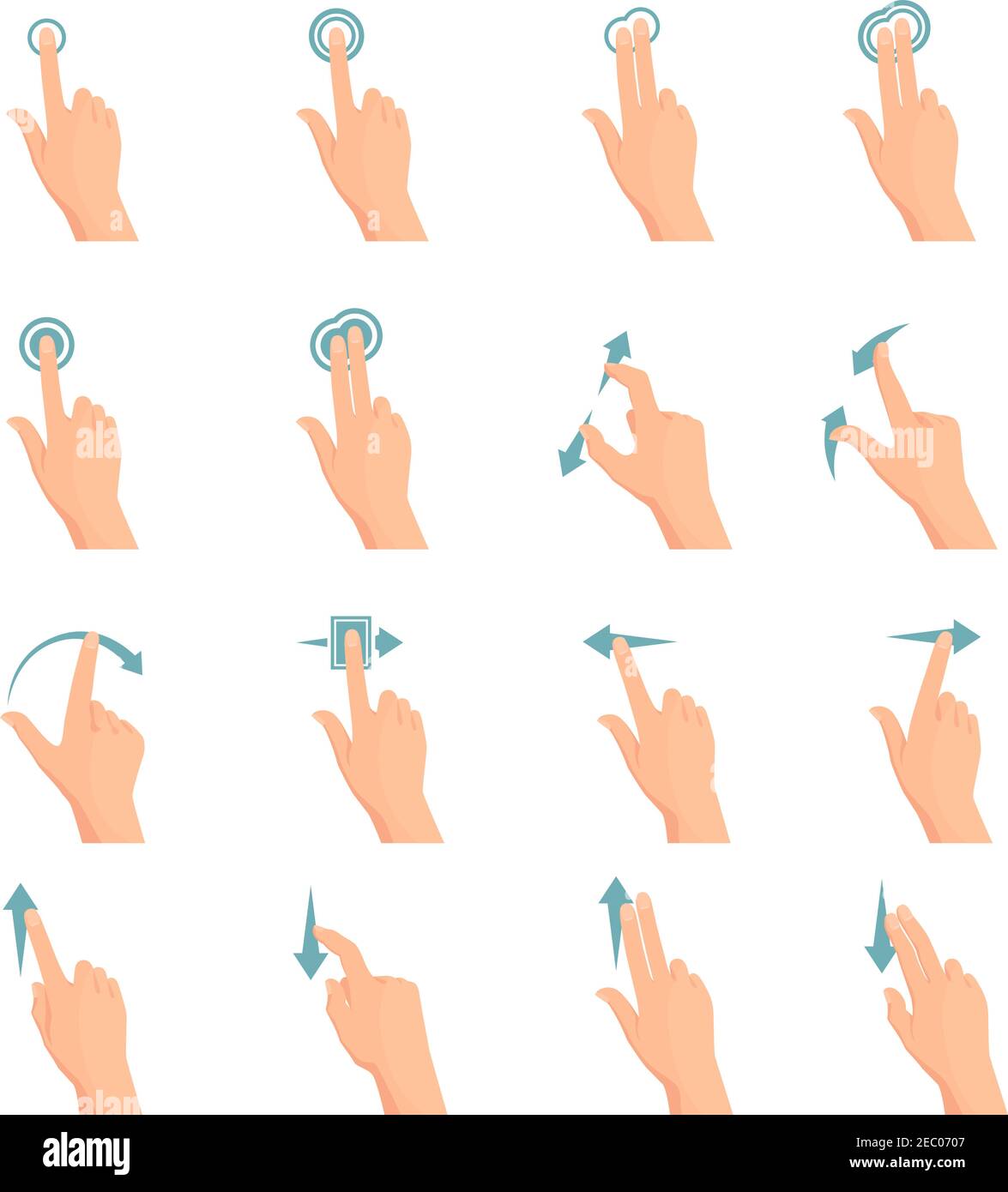 Touch screen hand gestures flat colored icon series with arrows showing ...