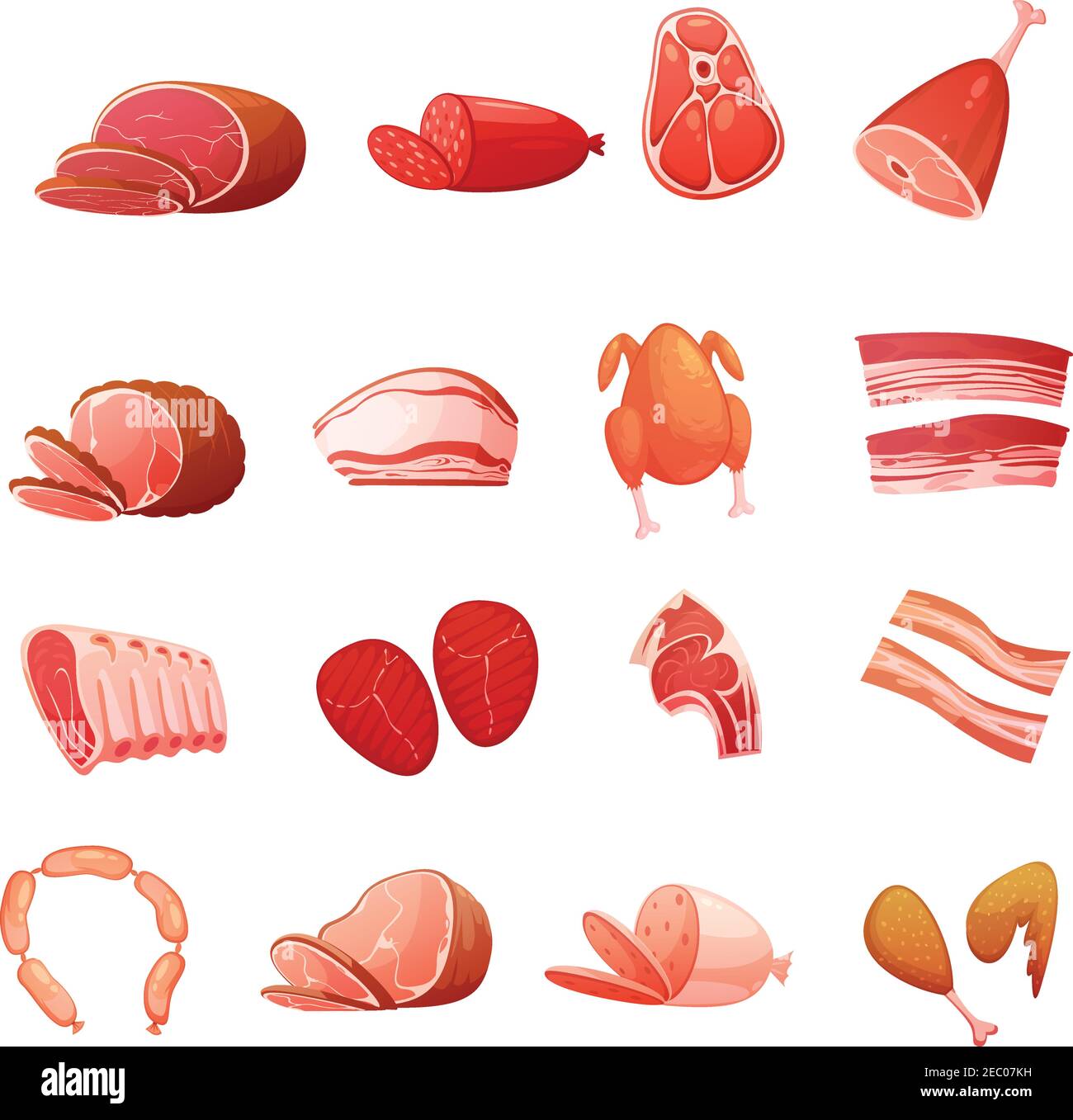 Meat icons set of gastronomic delicatessen with carbonate sausage ...