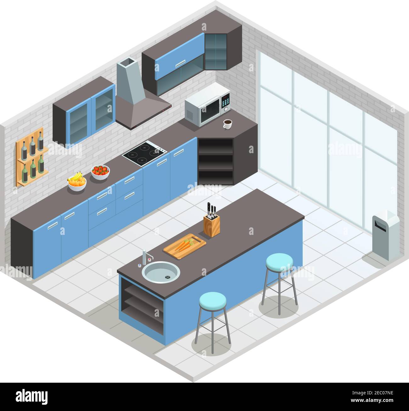 Color isometric concept of kitchen interior with cupboard table and ...