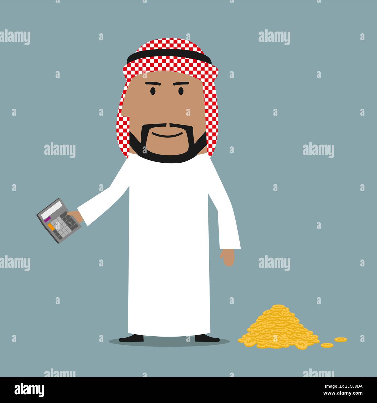 Satisfied happy rich arab businessman using calculator to count his ...