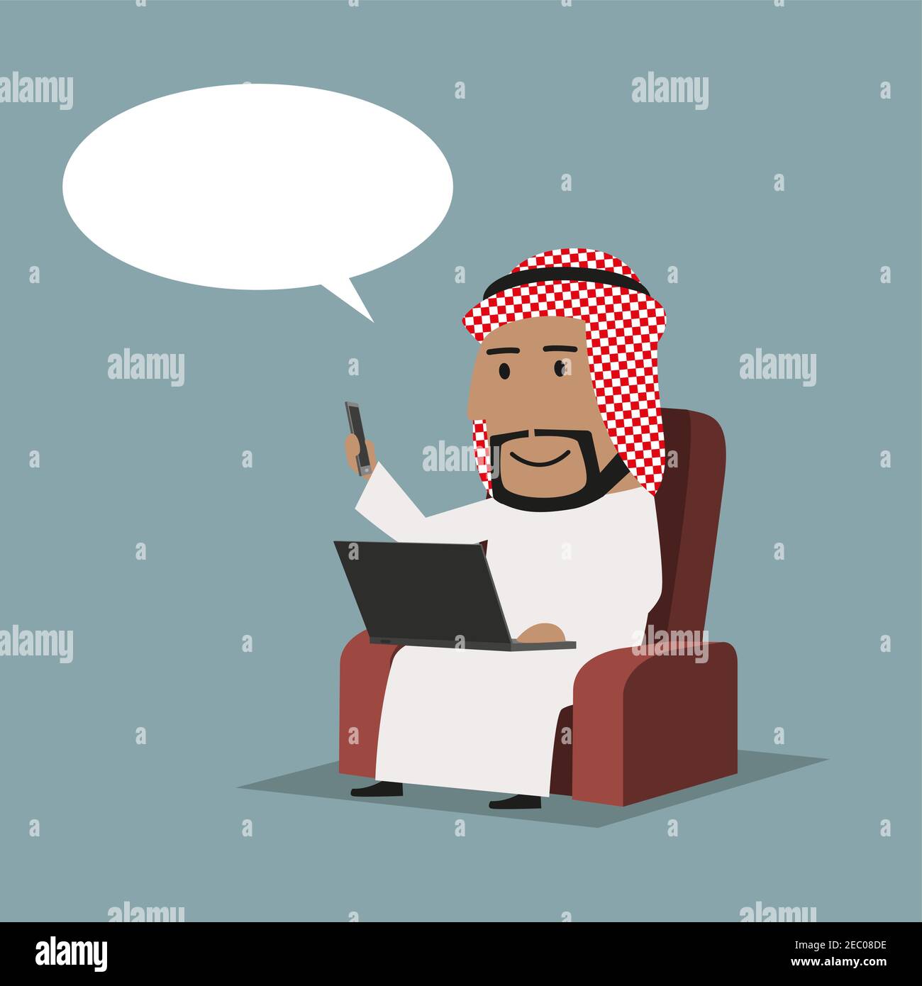 Cartoon confident arab businessman connected smartphone to laptop ...