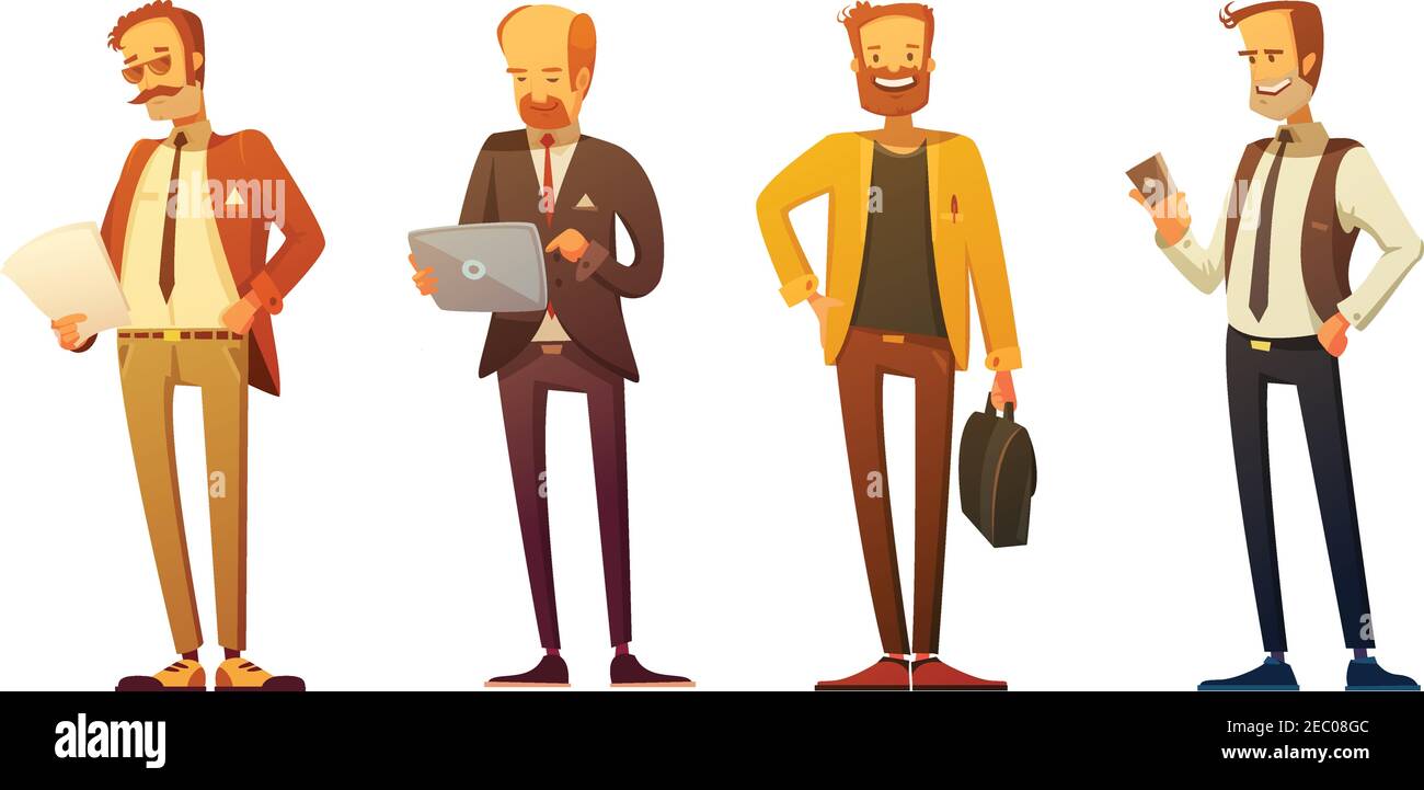 Business man dress code 4 retro cartoon icons set with businessmen at ...