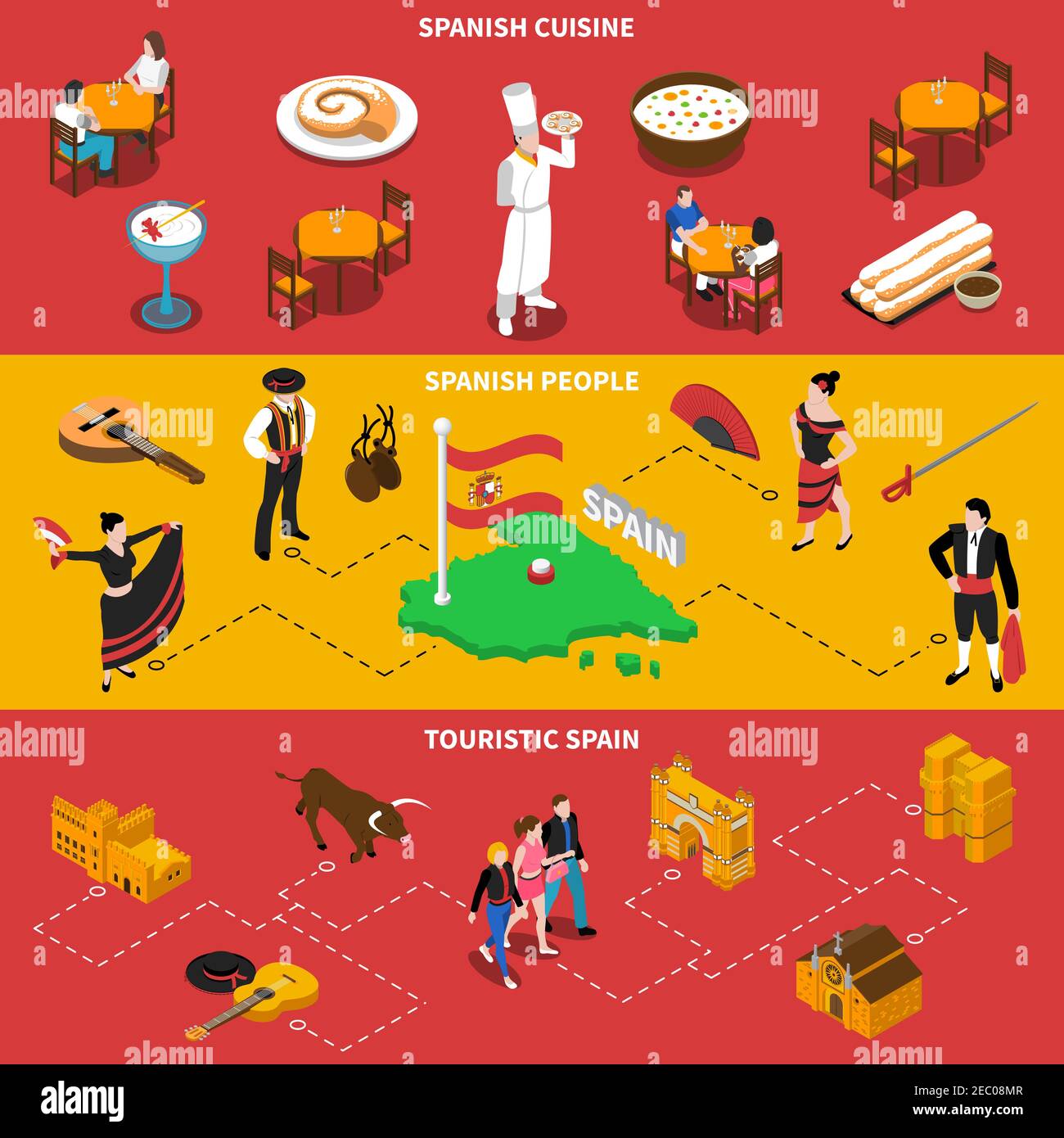 Touristic Spain horizontal isometric banners set with cuisine and ...