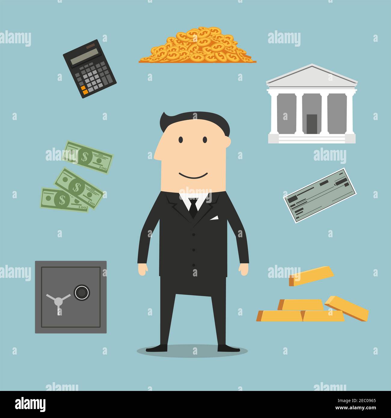 Banker profession and financial icons with businessman and gold, safe ...