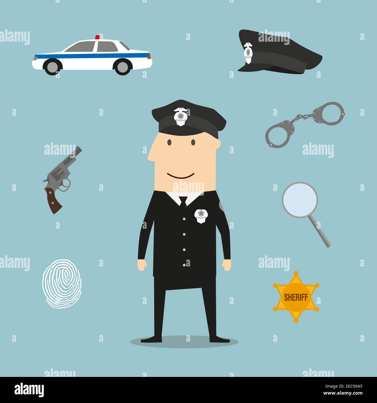 Police profession icons and symbols with officer in black uniform and ...