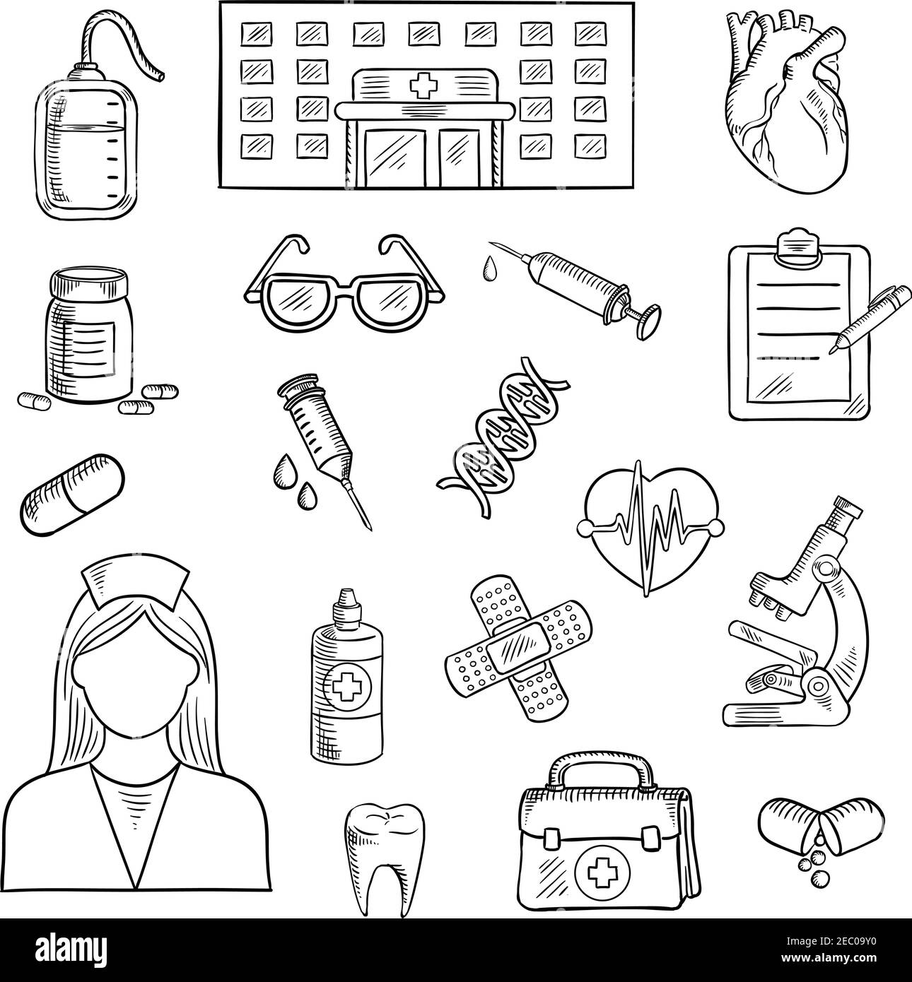 Medical sketched icons of hospital building, doctor and first aid kit ...