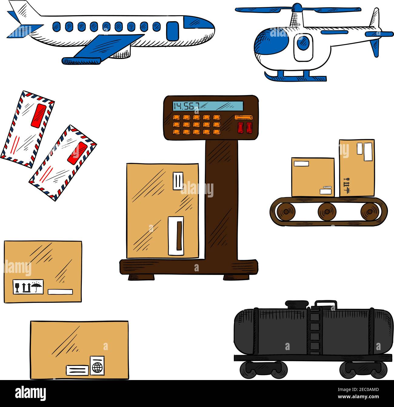 Air and rail freight service icons with airplane and helicopter, tank ...