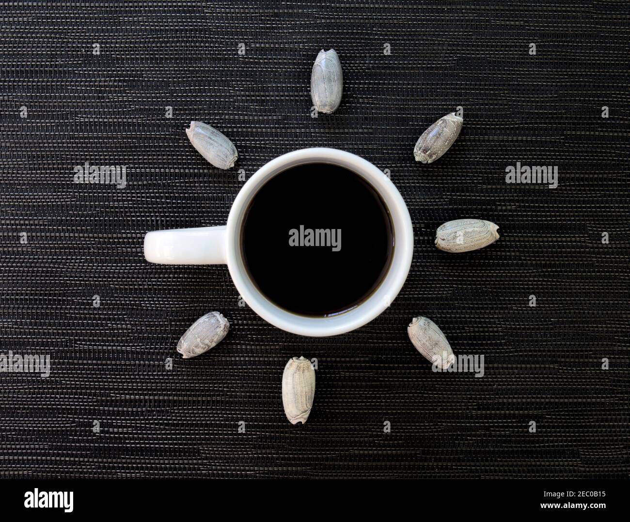 White cup with coffee and shells on black background. Cowrie shells ...