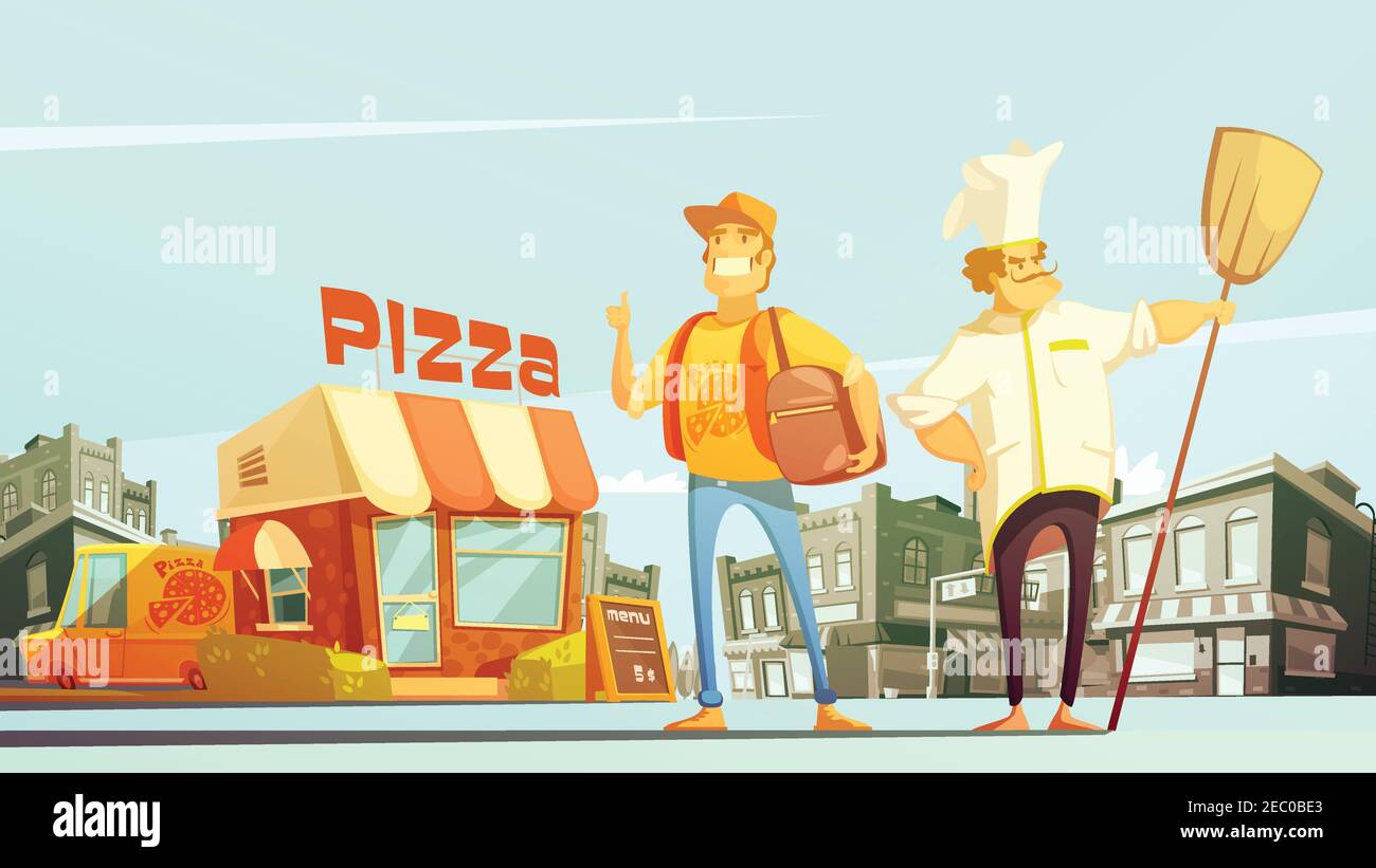 Pizza delivery flat vector illustration in cartoon style with chef ...