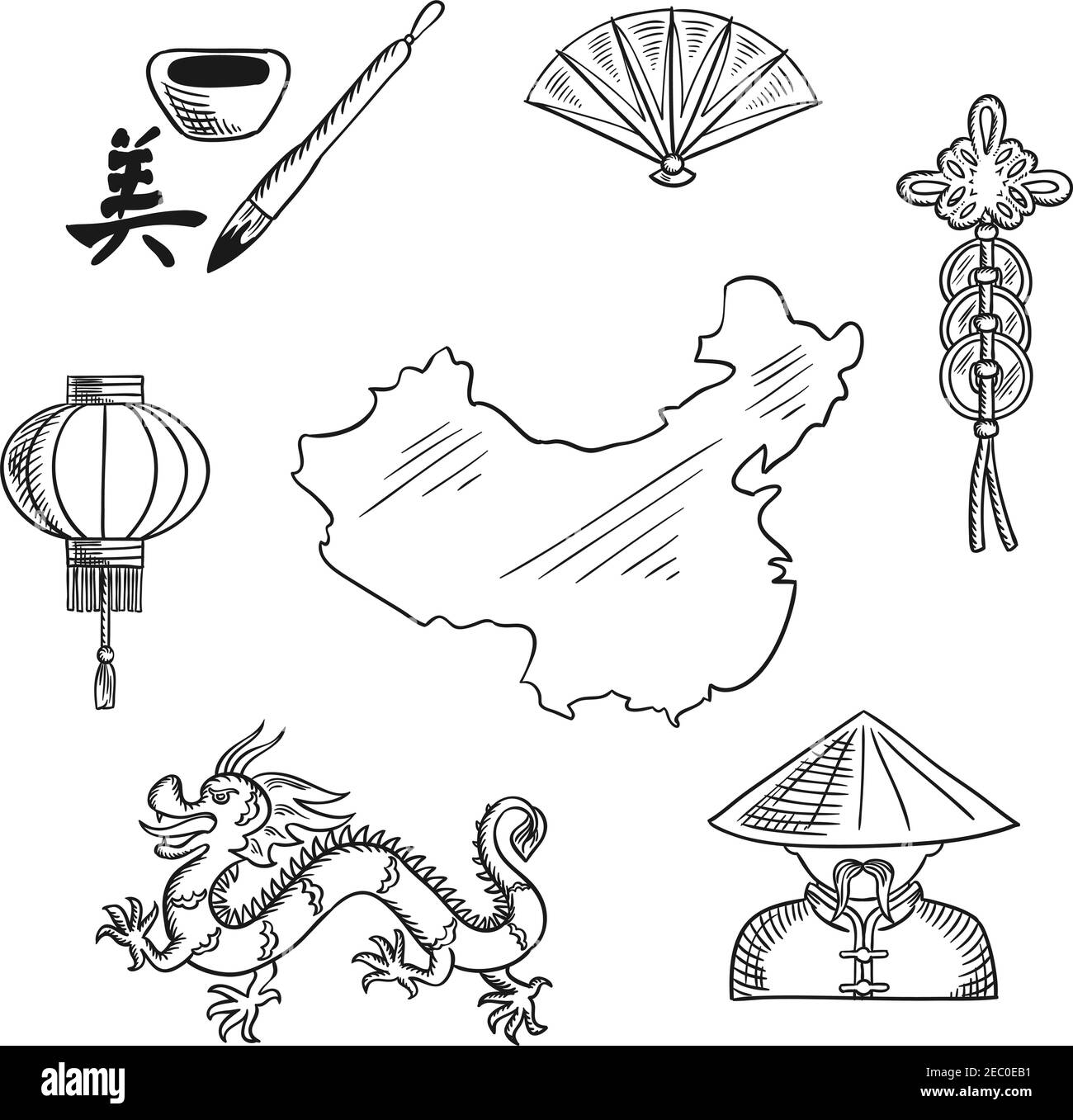Chinese national symbols with dragon and mandarin or chinaman, lantern ...