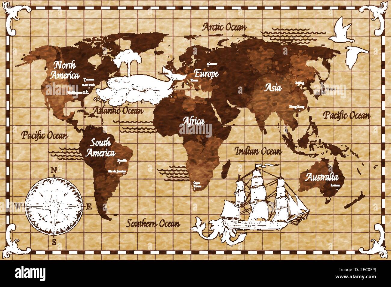 Hand drawn sketch retro world map with lettering doodle vector ...