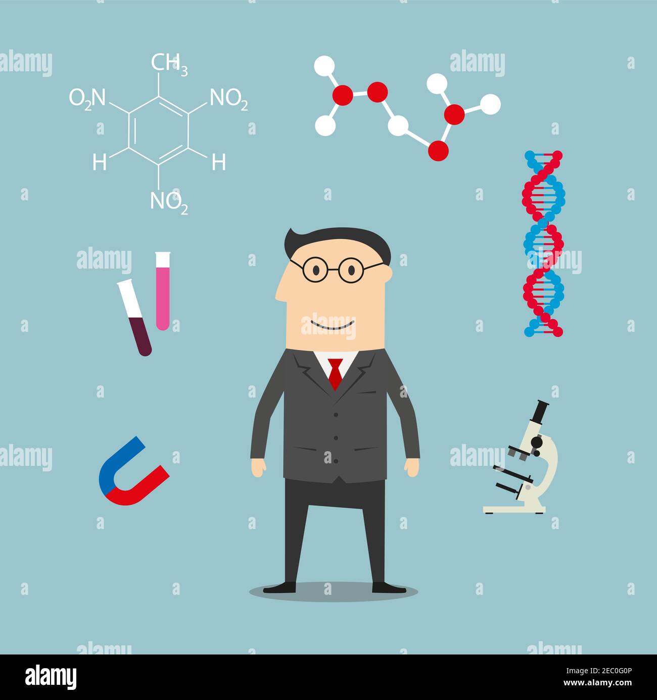 Scientist profession design with man in glasses among laboratory flasks ...