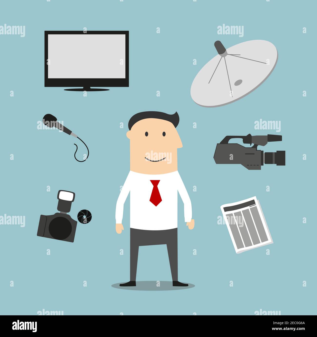 Reporter profession icons and symbols with man surrounded by newspaper ...
