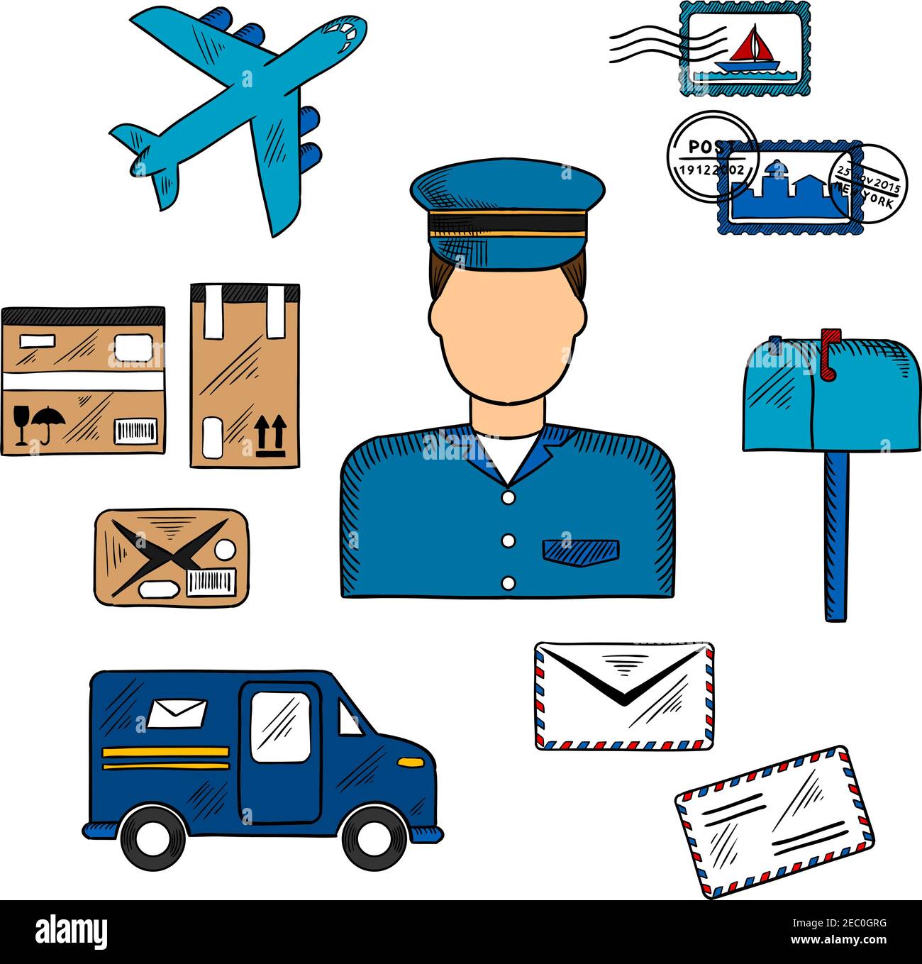 Postal icons around a Postman with postage stamps and letterbox ...