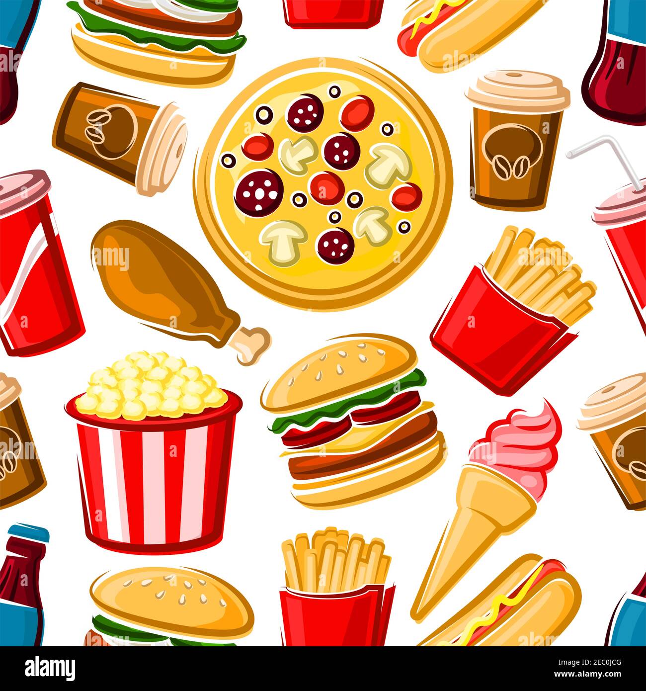Colorful fast food lunch seamless pattern with randomly scattered over ...