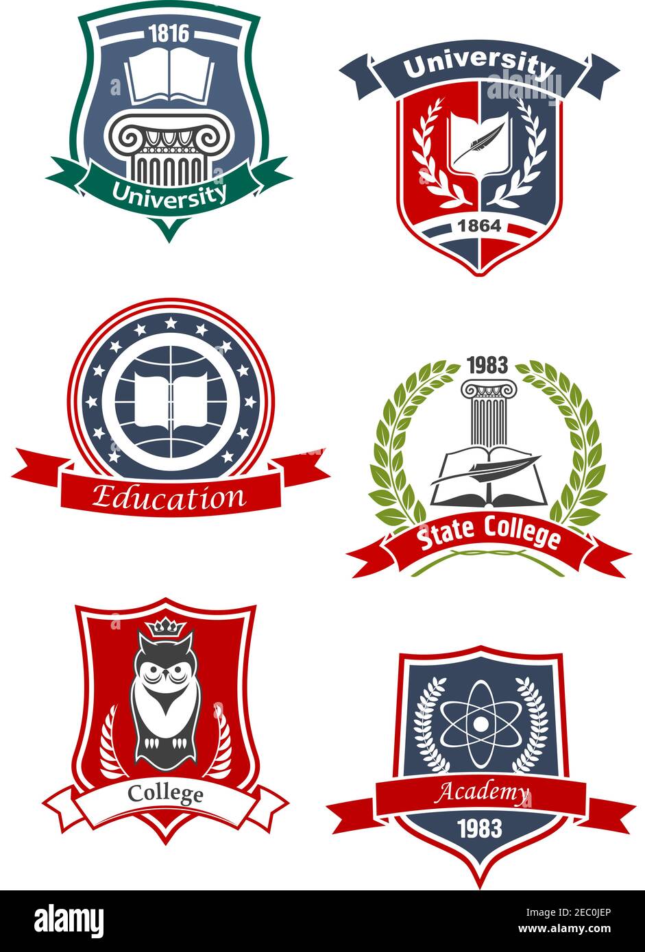 University, academy, college and education icons with books and feather ...