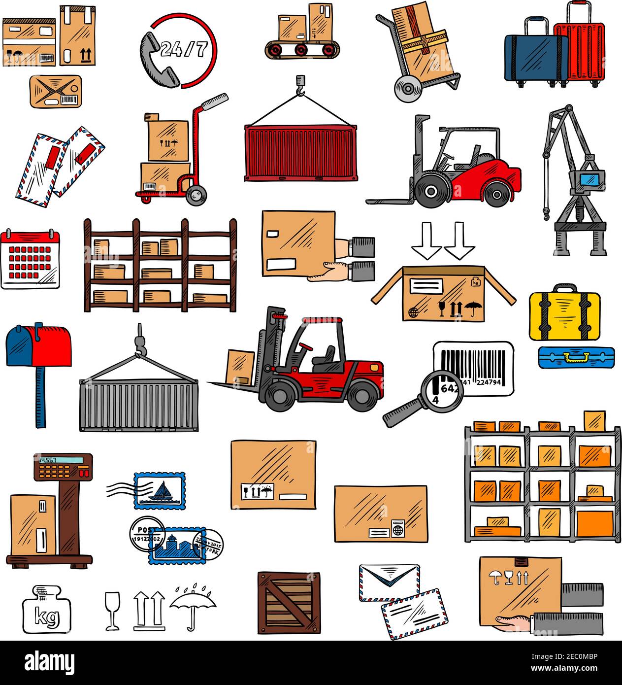 Storage and shipping icons with storage racks, forklift and hand trucks ...