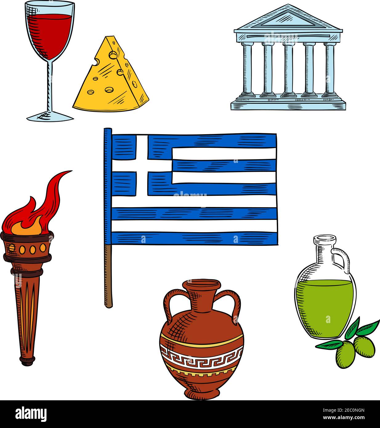 Traditional symbols of Greece with national flag, encircled by ancient ...