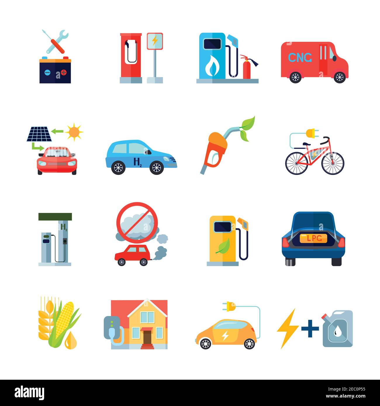 Alternative energy icons set with cars and bicycles symbols flat ...