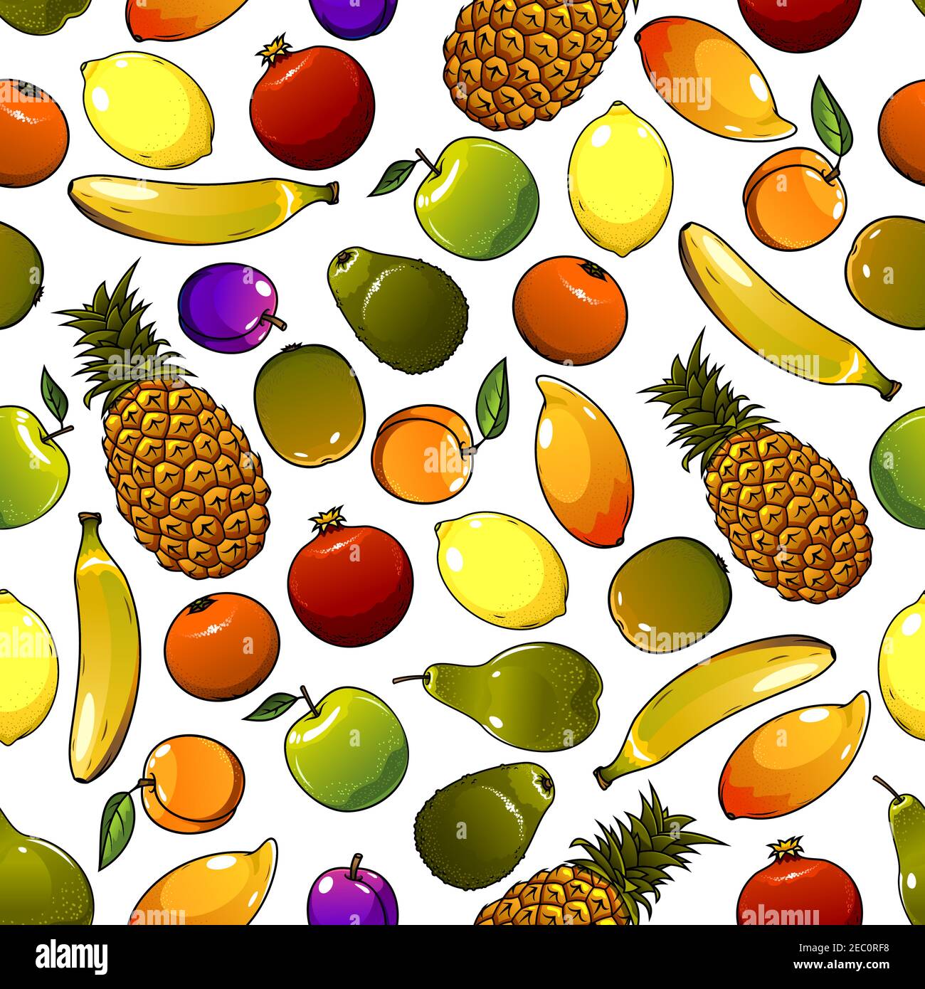 Apple and banana, orange and plum, avocado and pineapple, lemon and ...