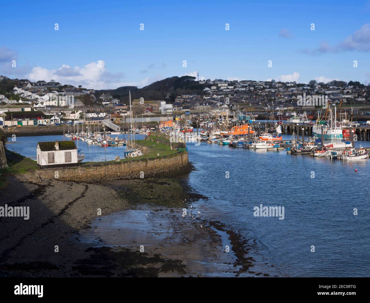The harbour at Newlyn, Cornwall. Pleasure boats, RNLI lifeboats, and ...