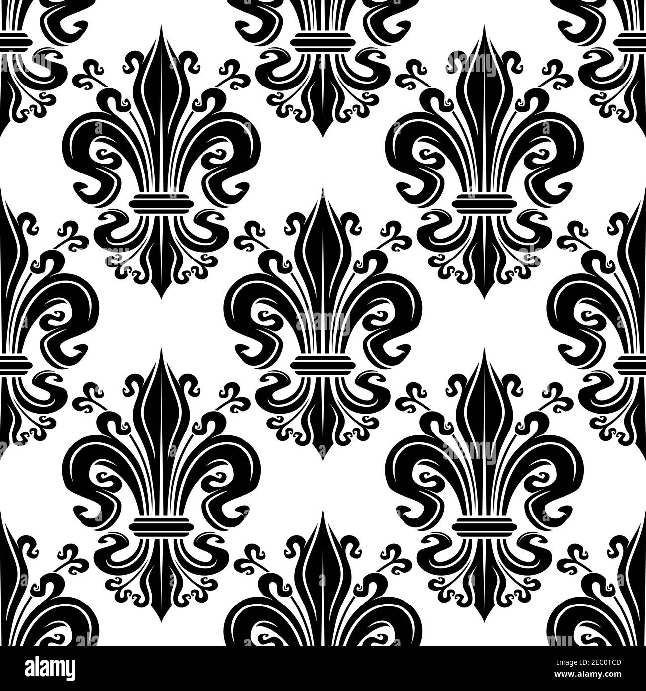 Black fleur-de-lis ornate seamless pattern of victorian leaf scrolls ...