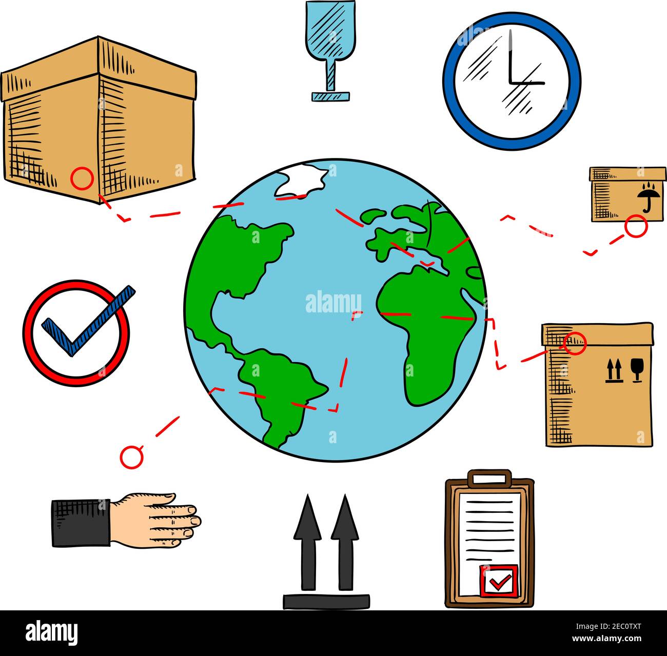 Worldwide shipping and logistics service icons with earth globe and ...