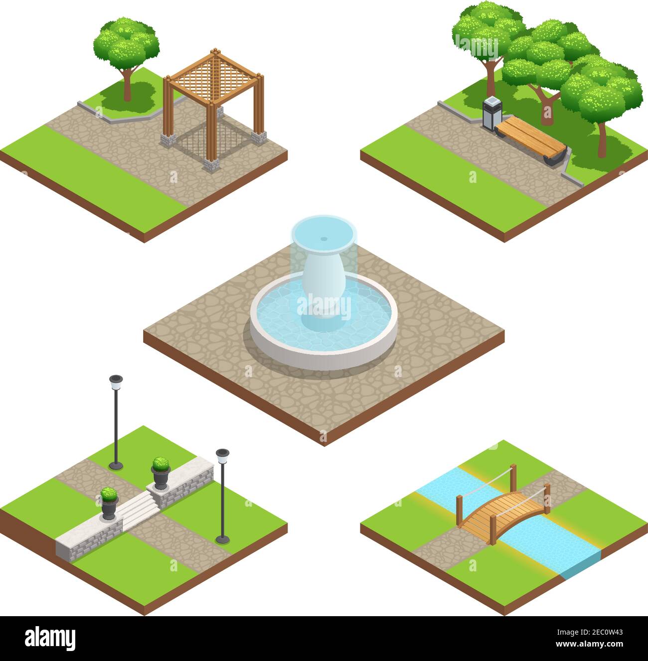 Isometric landscaping composition set with plants and wood and stone ...