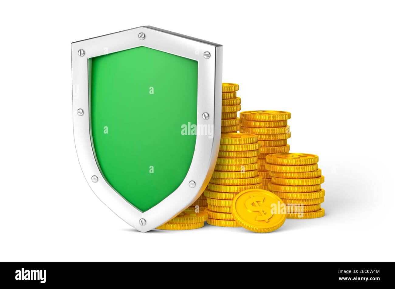 Money protection. Green shield and coins. Isolated on white background ...
