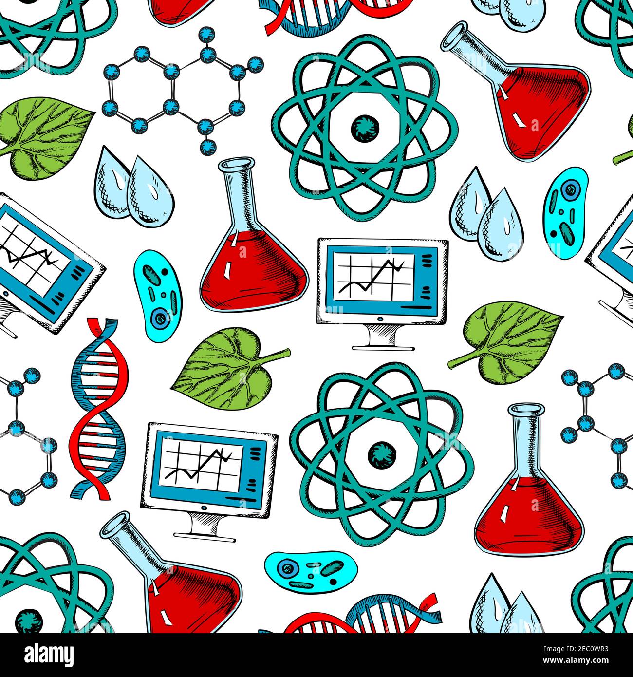 Science, research and genetics seamless colorful pattern of atom and ...