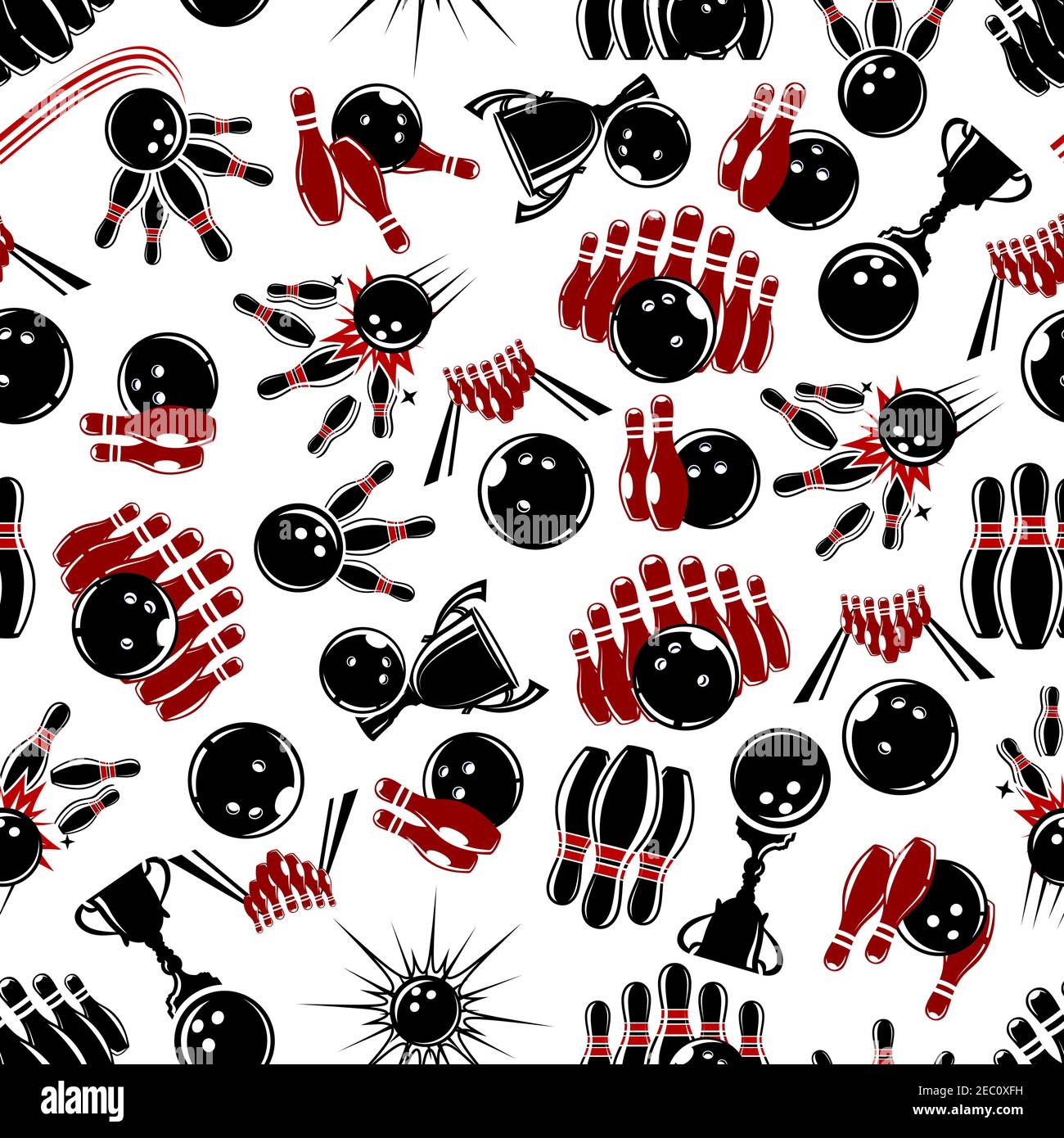 Seamless pattern of bowling balls and pins on lanes with explosion ...