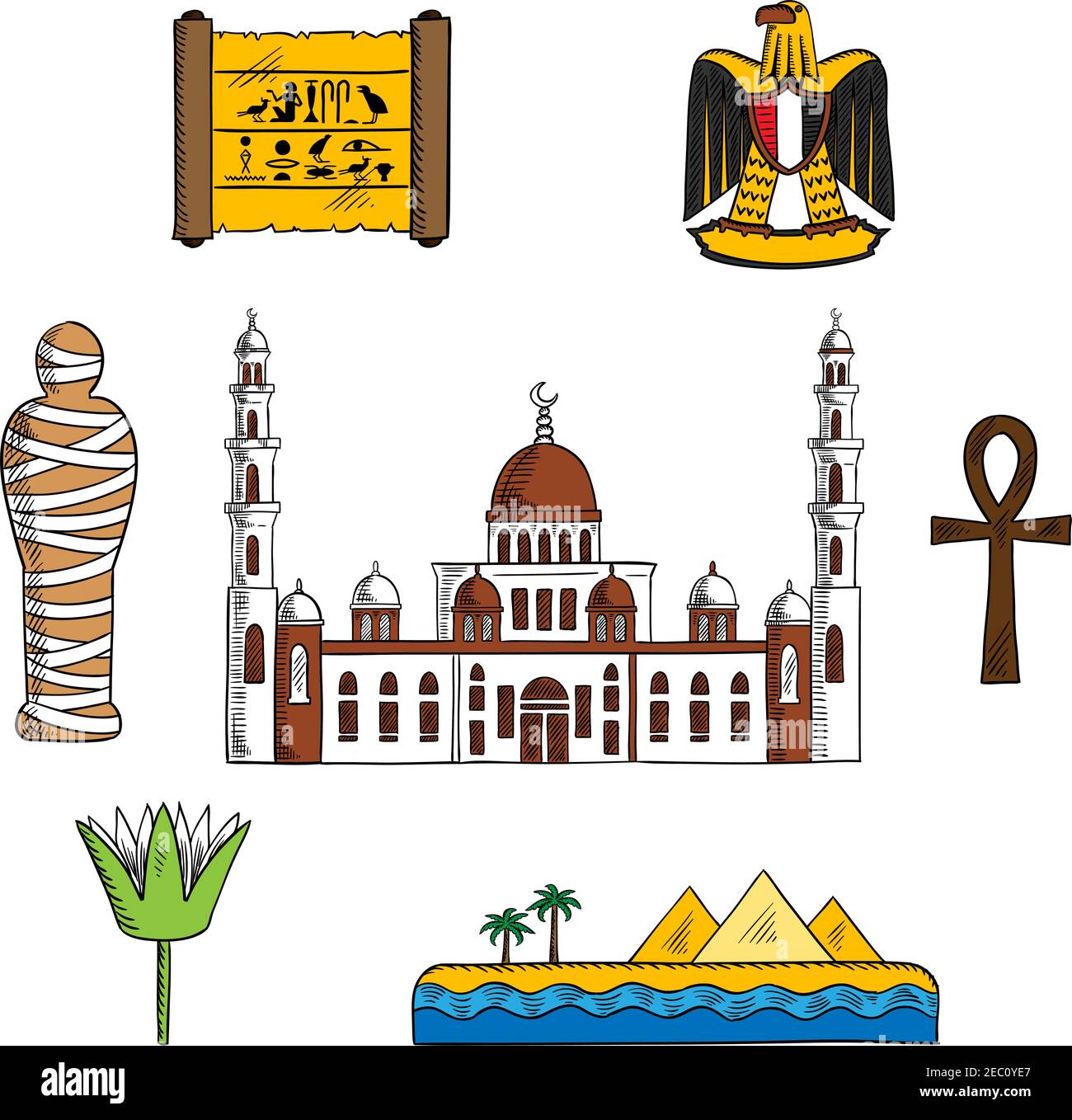 Ancient and modern Egypt symbols for travel design with pharaoh mummy ...