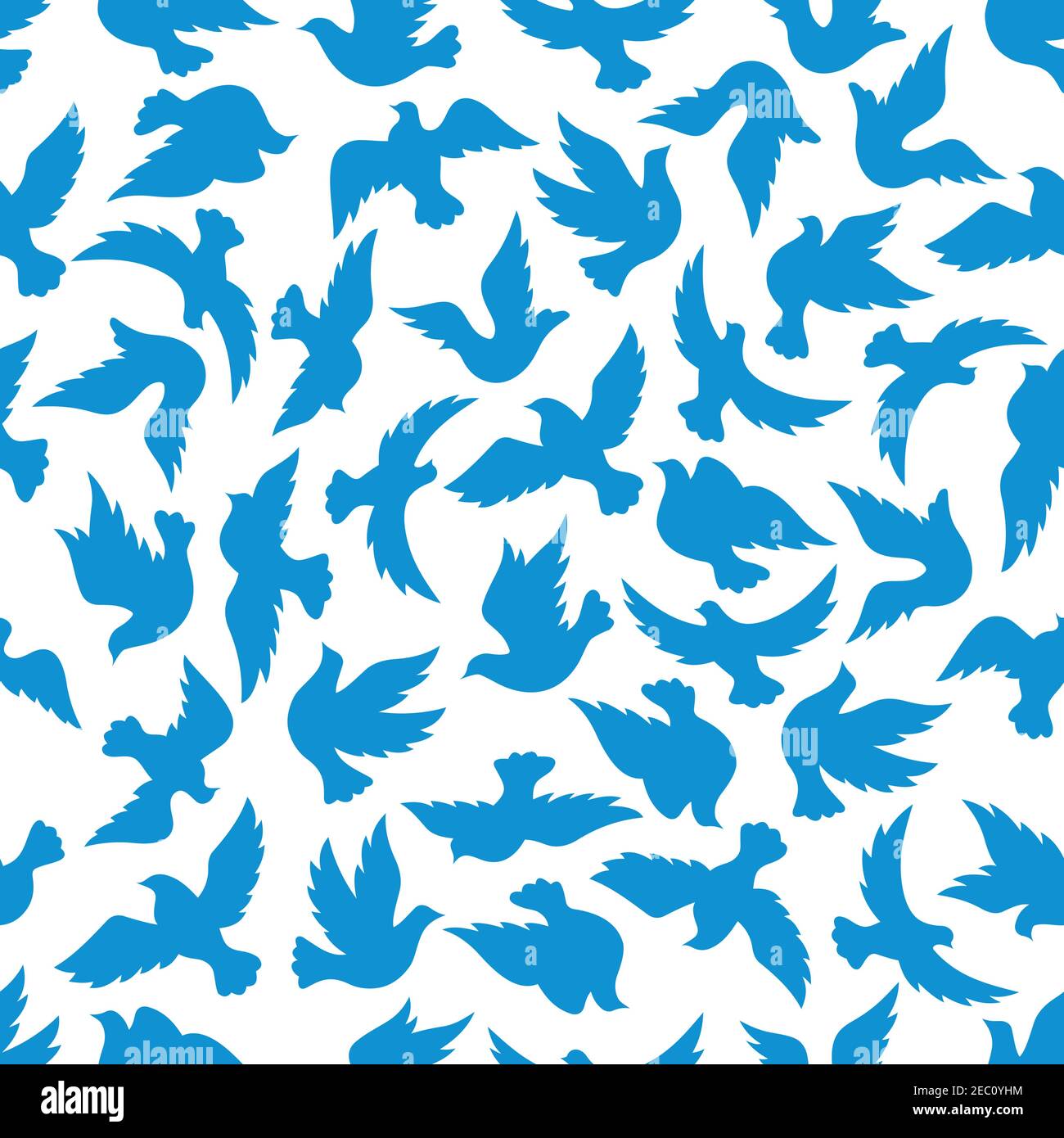 Seamless pattern with blue silhouettes of flying dove birds over white ...