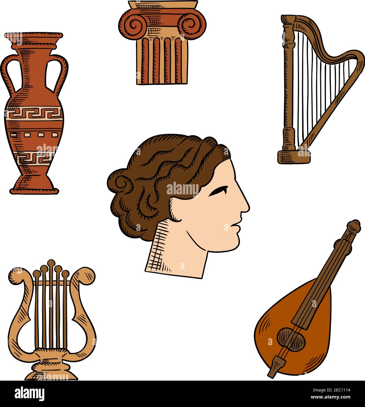 Architecture, music and art symbols of ancient Greece with profile of ...