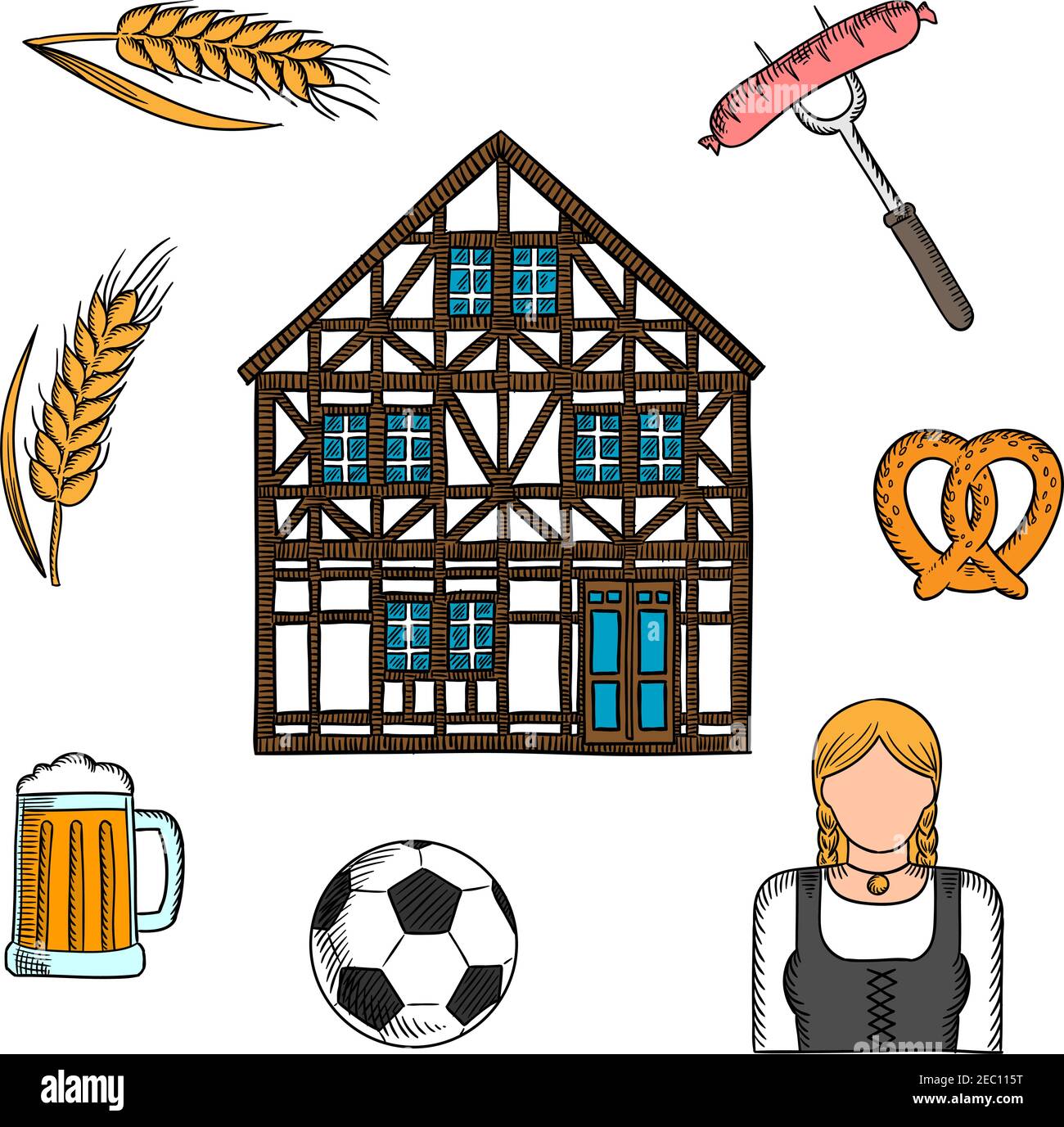 Bavarian culture icons with beer and pretzel, grilled sausages ...