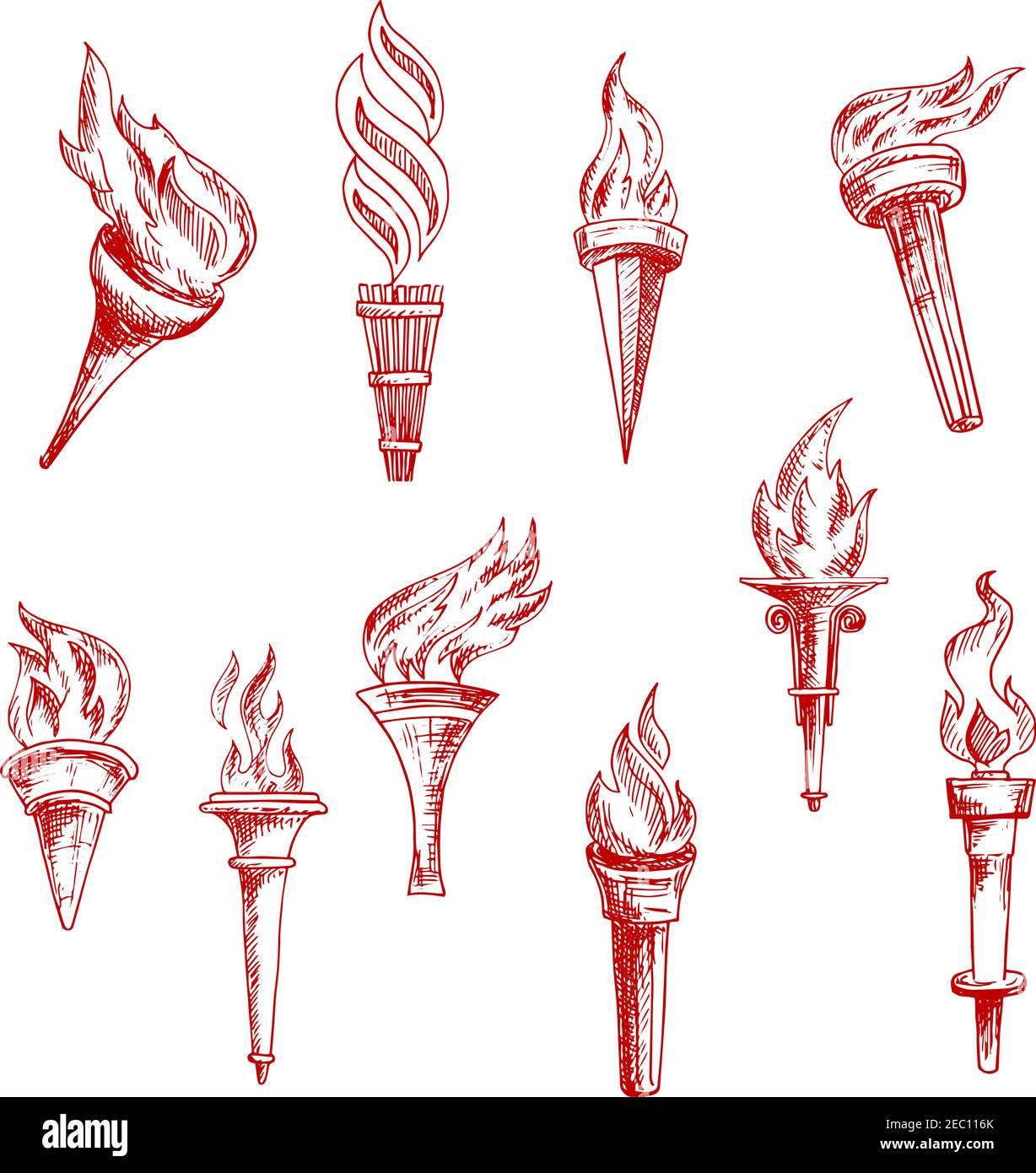 Medieval flaming torches sketches in engraving style with figured ...