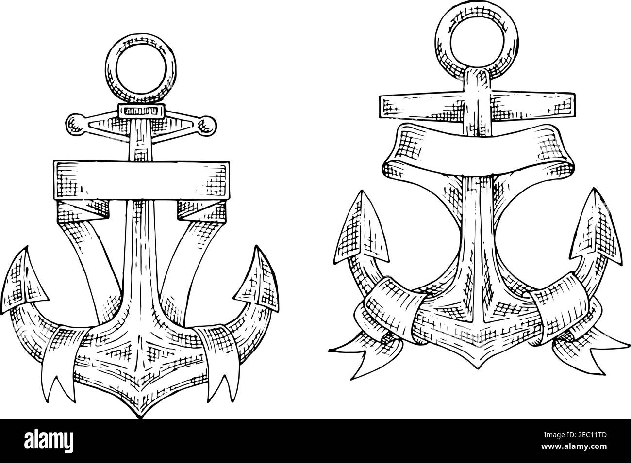 Vintage nautical anchors sketch symbols with decorative admiralty ...