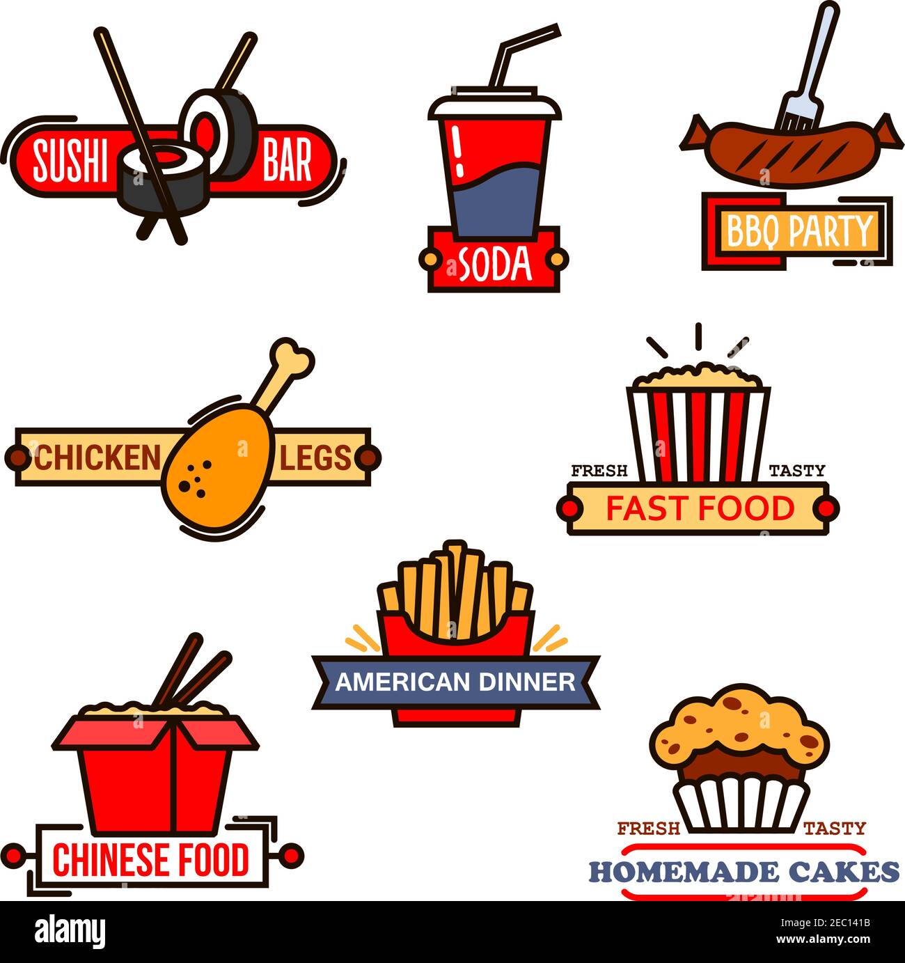Fast food cafe and sushi bar, grill menu and bakery symbols with thin ...