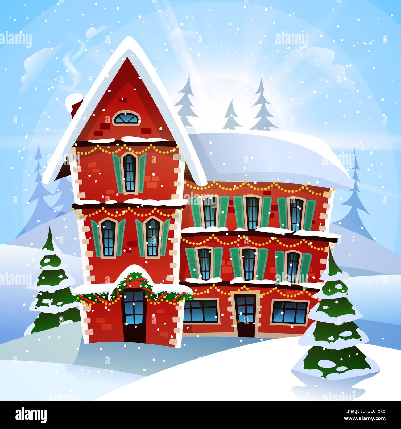 Christmas vector illustration with fabulous snowy red cottage at winter ...